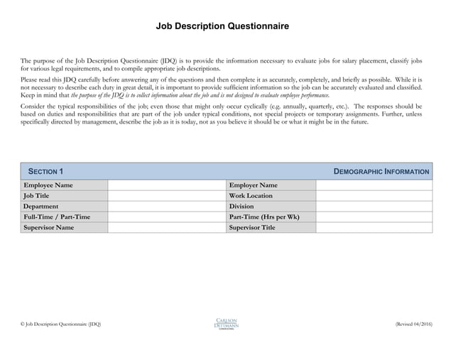 Job Description Update questionnaires to | PPT