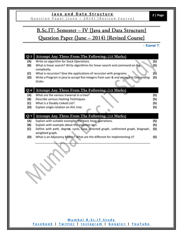 Java and Data Structure (June - 2014) [Revised Course | Question Paper ...