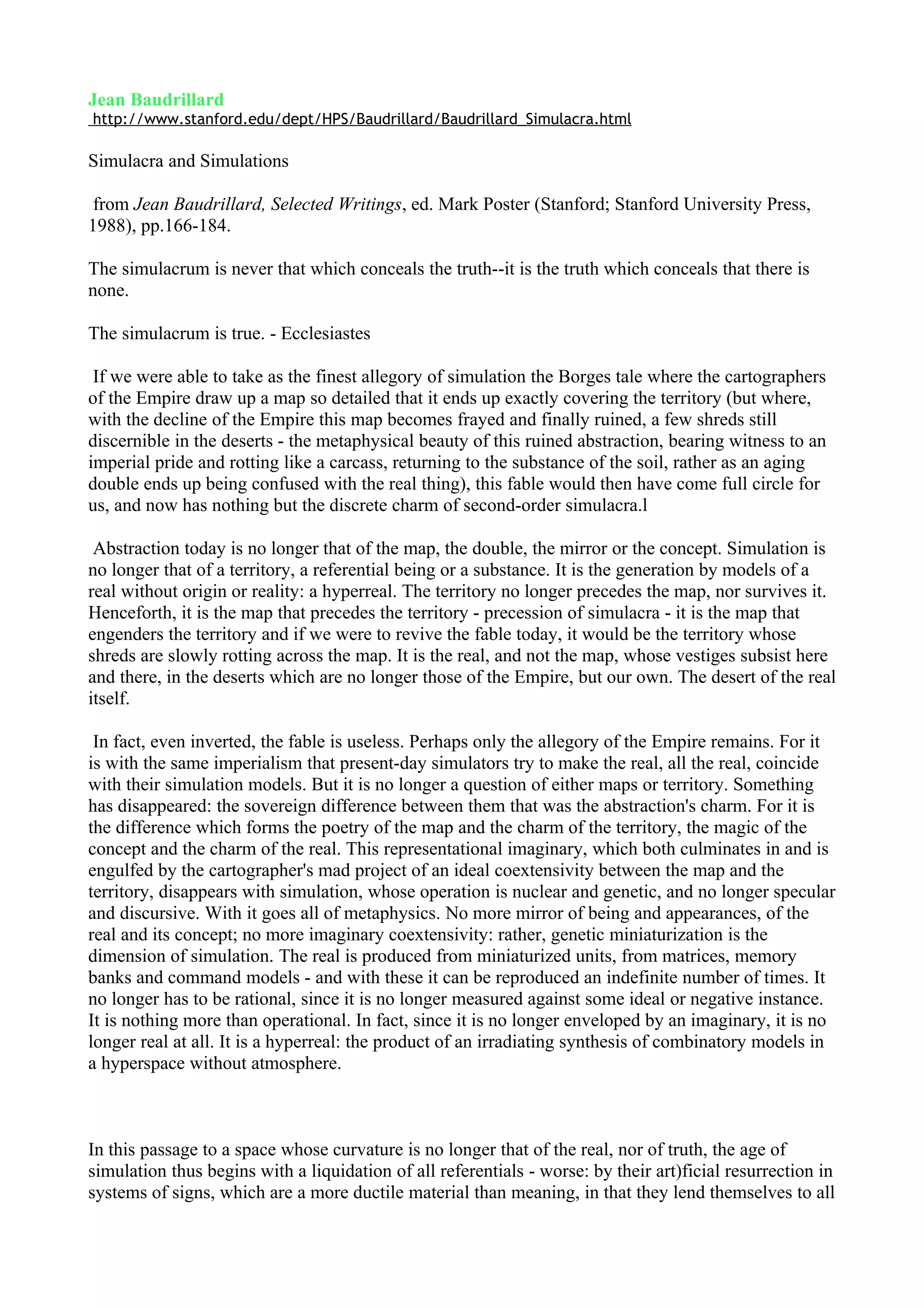 Jean Baudrillard Simulacra And Simulations | DOC