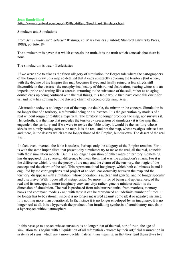 Jean Baudrillard Simulacra And Simulations | PDF