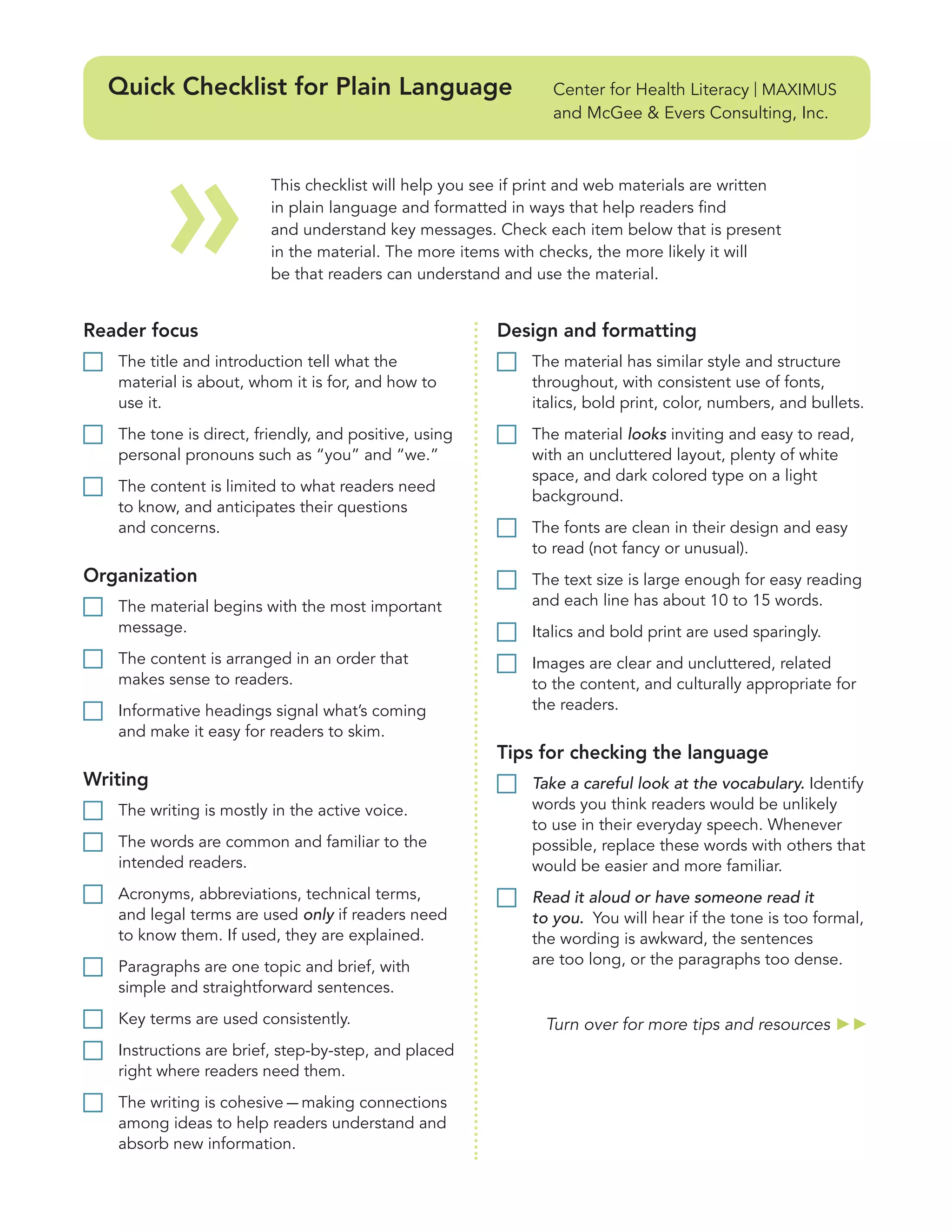 Jeanne McGee and the Center for Health Literacy - Quick checklist for ...