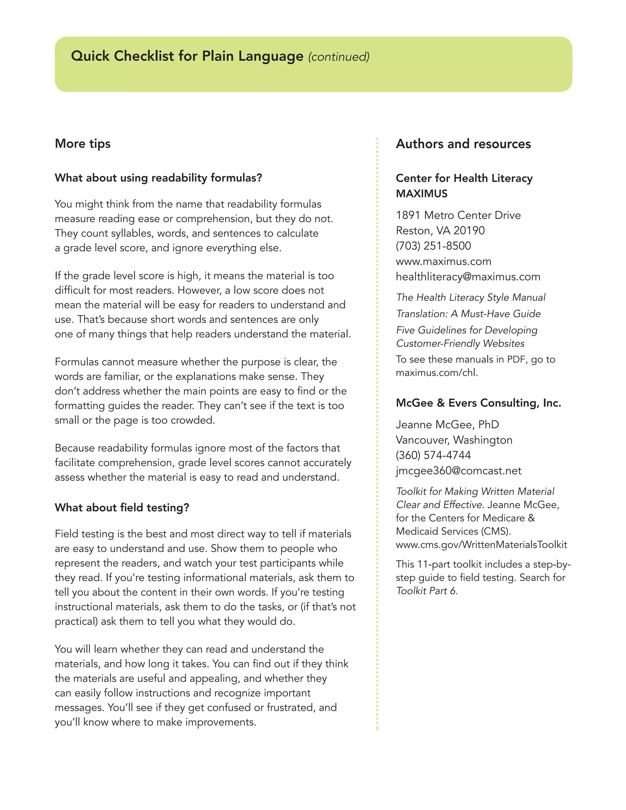 Jeanne McGee and the Center for Health Literacy - Quick checklist for ...