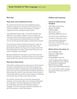 Jeanne McGee and the Center for Health Literacy - Quick checklist for ...