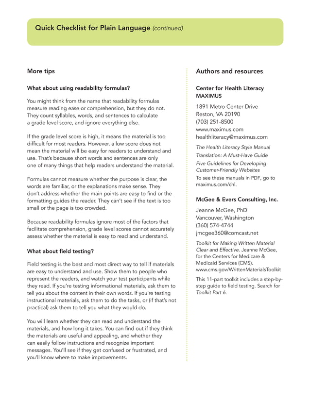 Jeanne McGee and the Center for Health Literacy - Quick checklist for ...