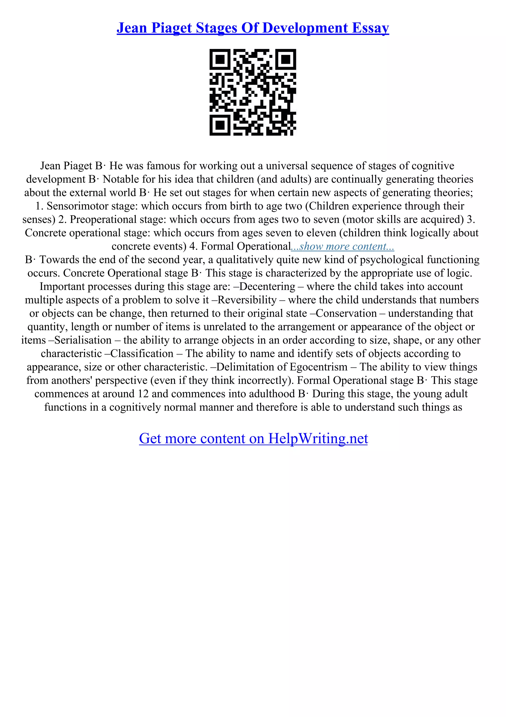 Jean Piaget Essay | PDF