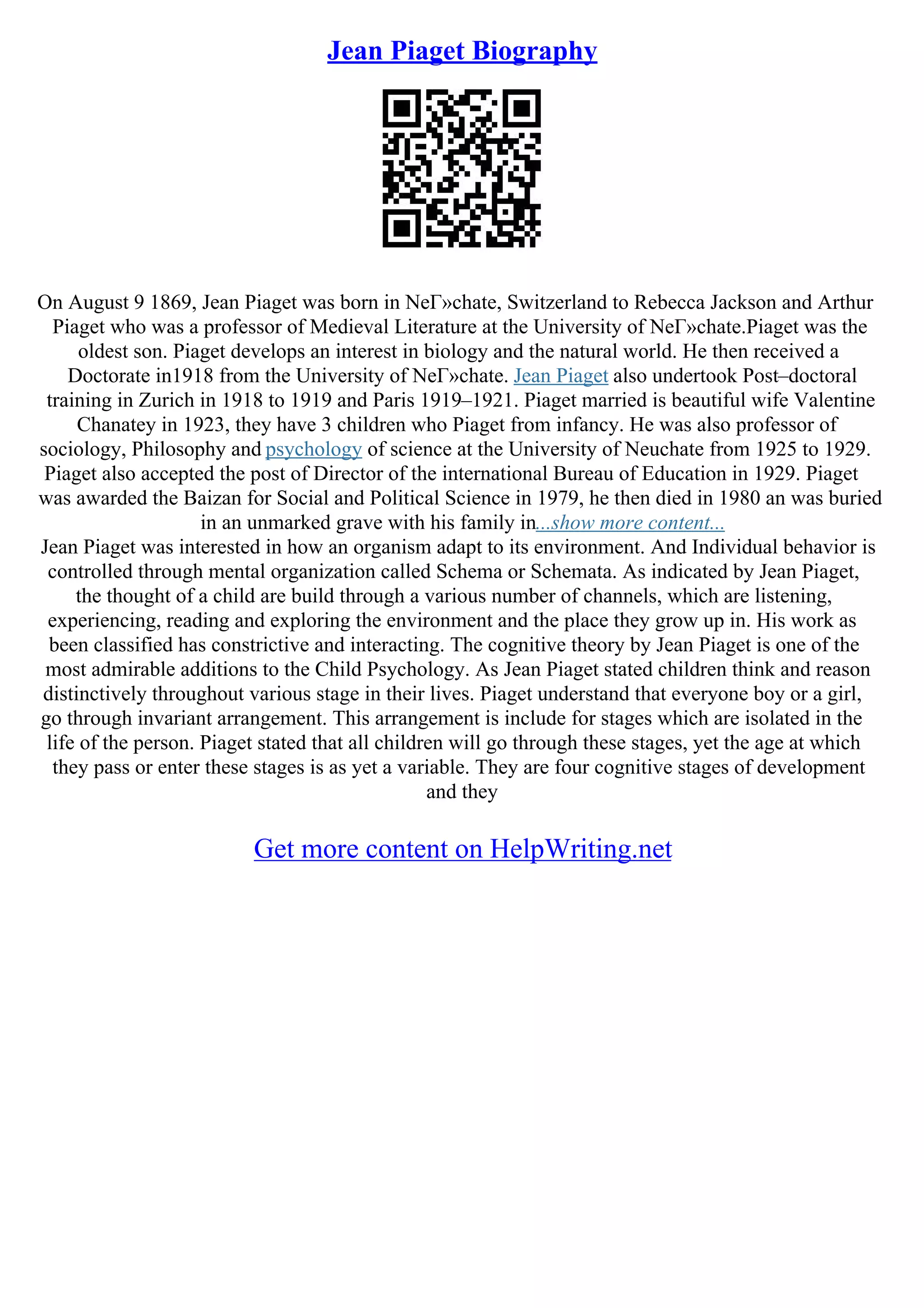 Jean Piaget Essay | PDF