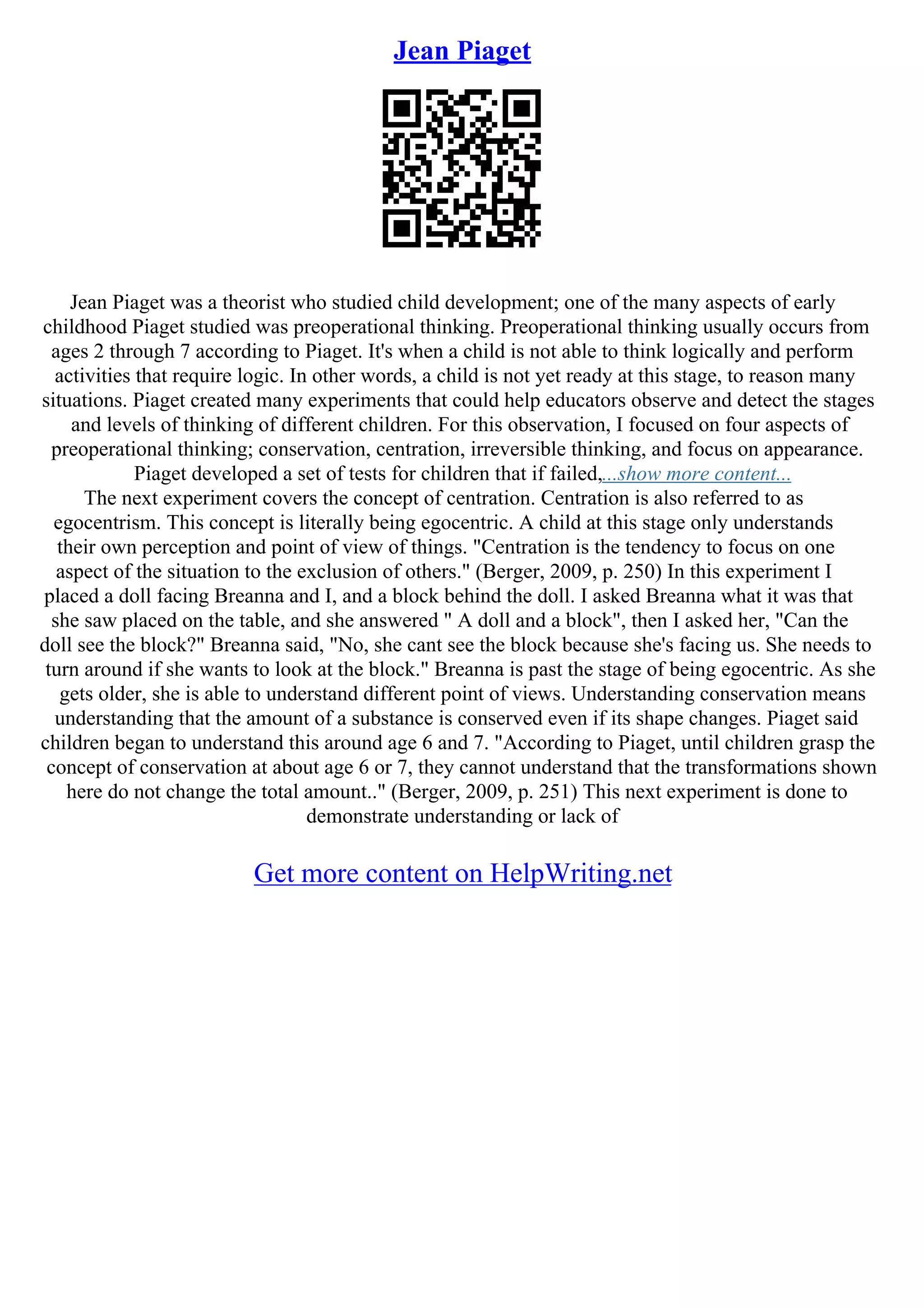 Jean Piaget Essay | PDF