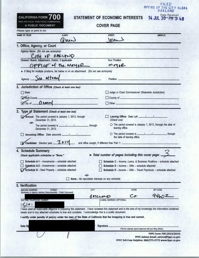 Jean Quan FPPC Form 700 | PDF