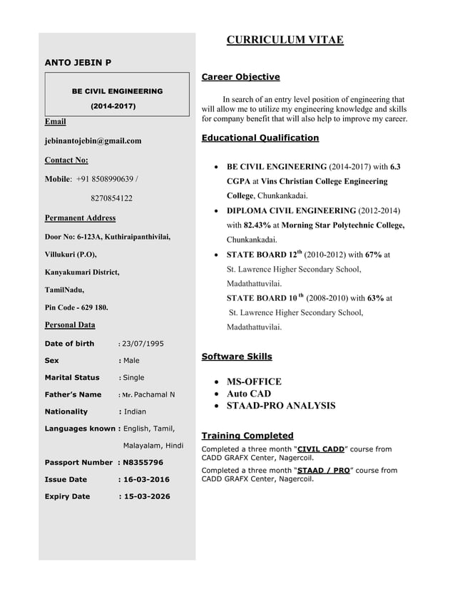 Civil Engineer Resume (BE) - Jebin | PDF