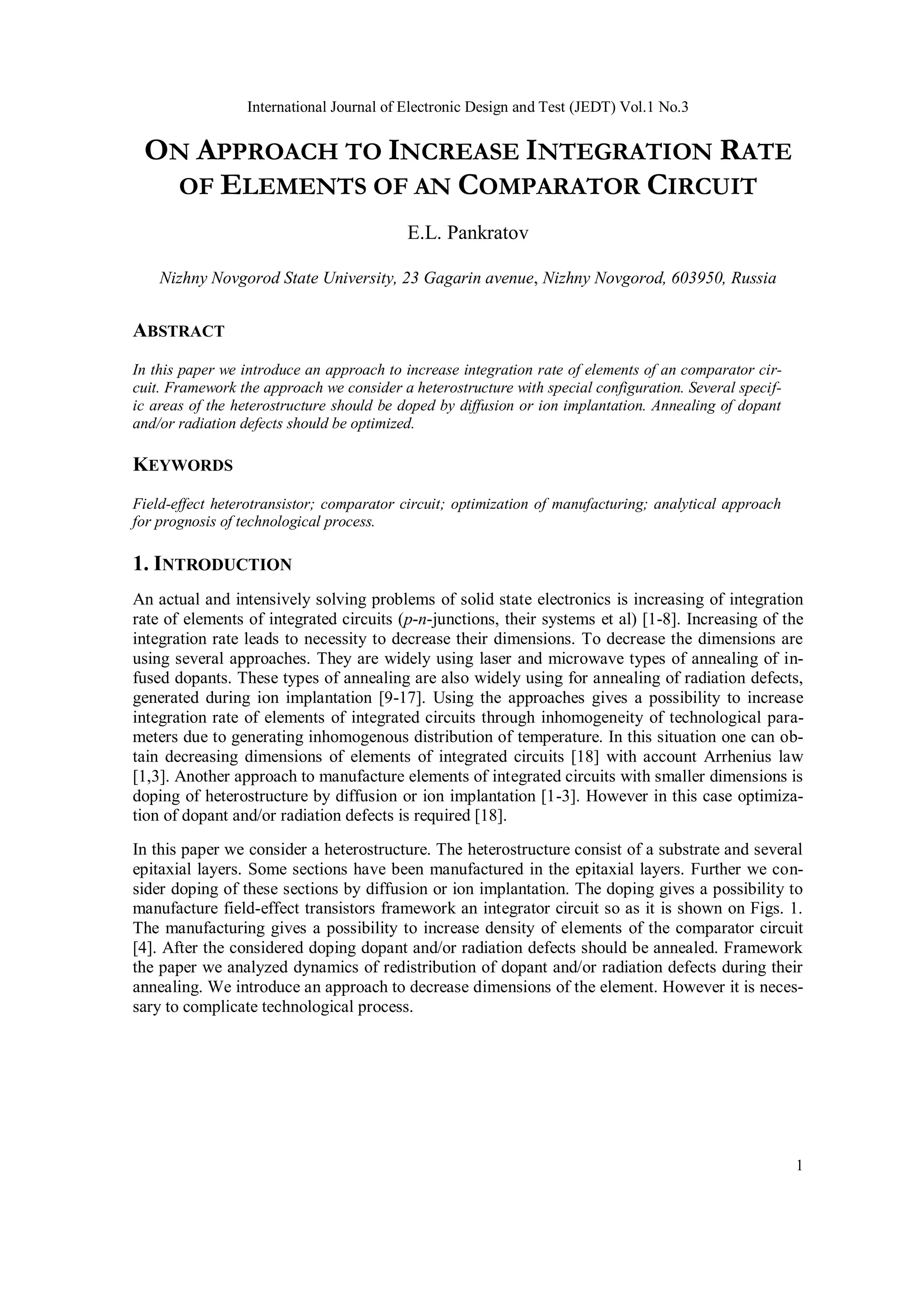 ON APPROACH TO INCREASE INTEGRATION RATE OF ELEMENTS OF AN COMPARATOR ...