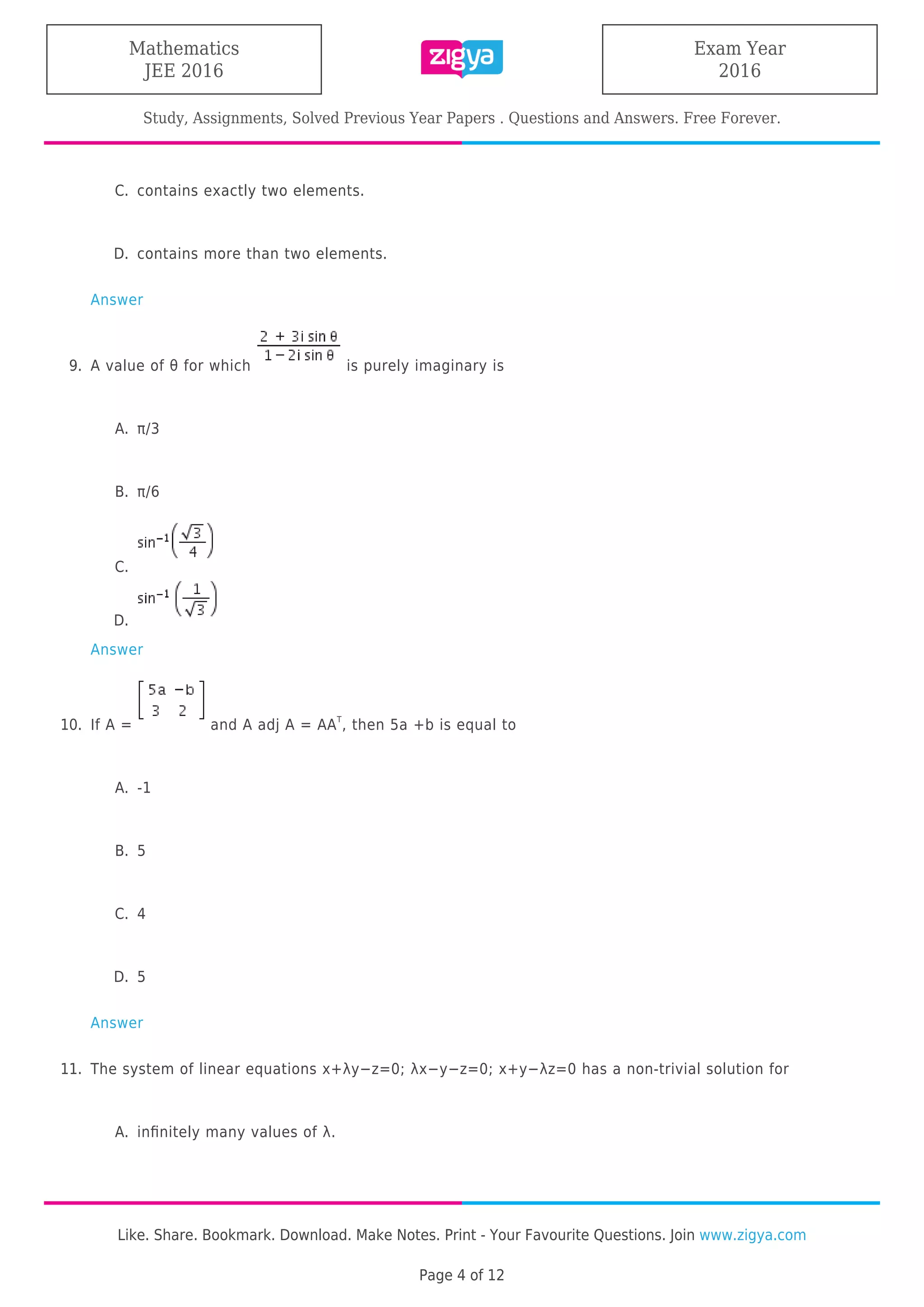 Jee Main Mathematics 2016 solved Question Paper | PDF