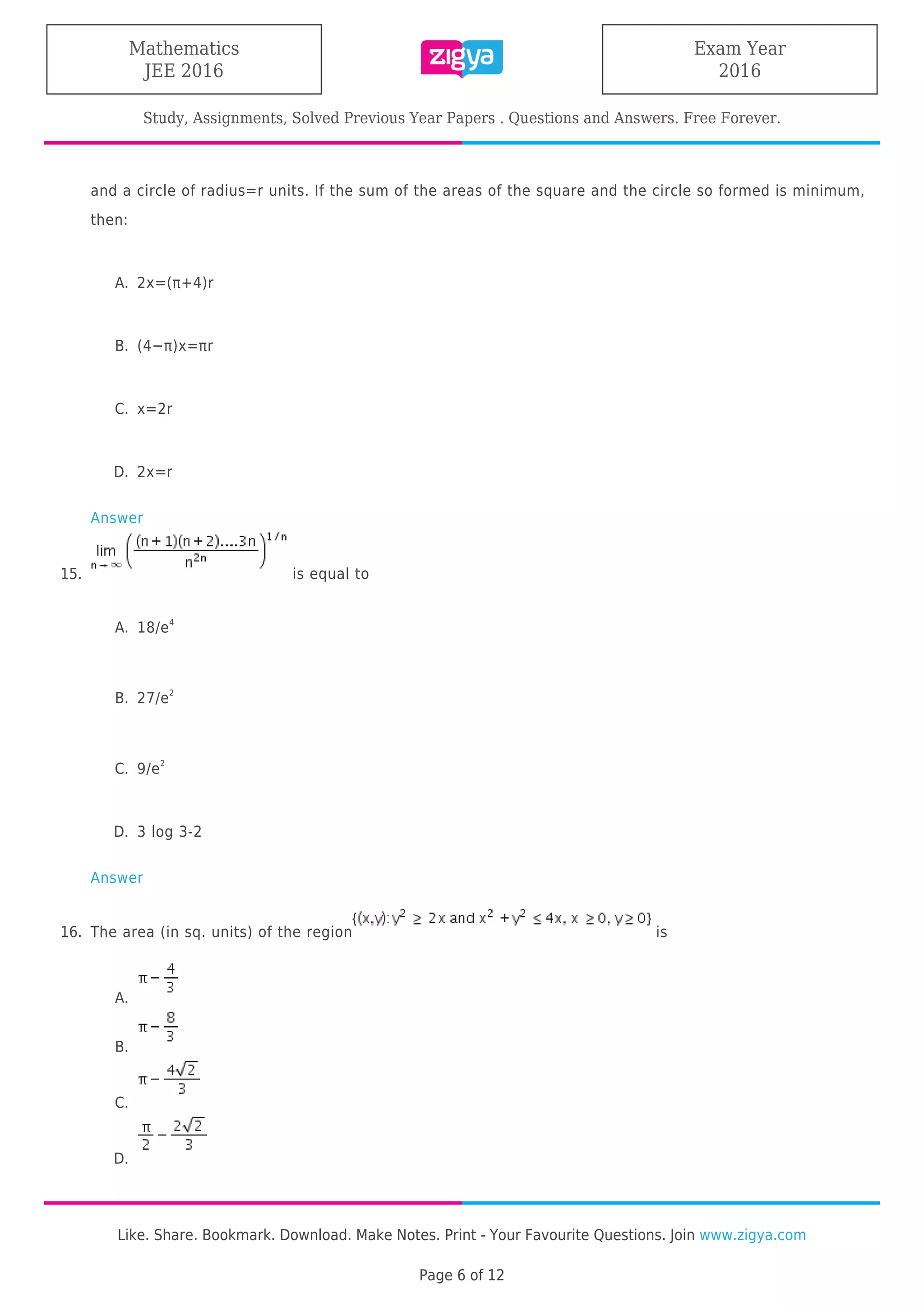Jee Main Mathematics 2016 solved Question Paper | PDF