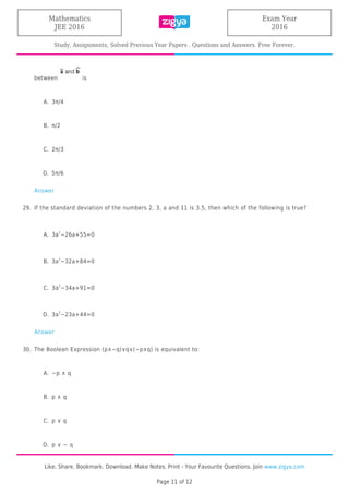 Jee Main Mathematics 2016 solved Question Paper | PDF
