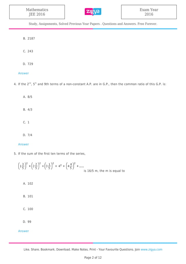 Jee Main Mathematics 2016 solved Question Paper | PDF