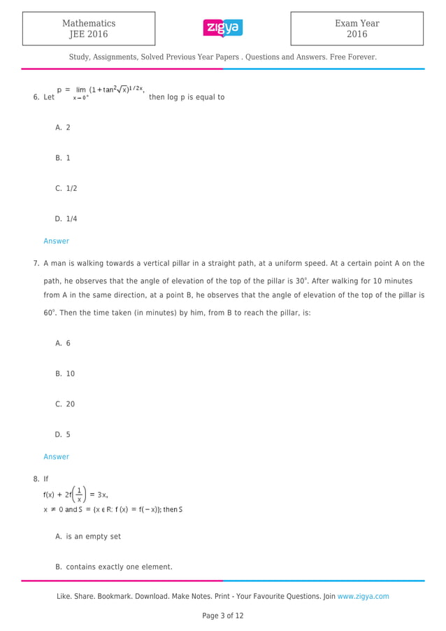 Jee Main Mathematics 2016 solved Question Paper | PDF