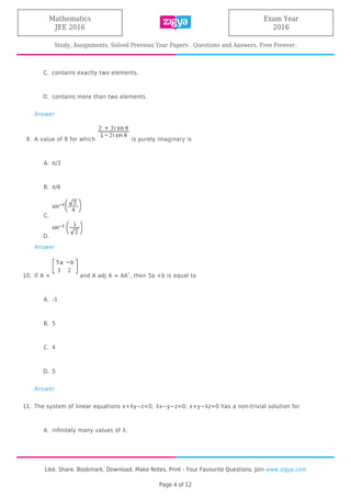 Jee Main Mathematics 2016 solved Question Paper | PDF
