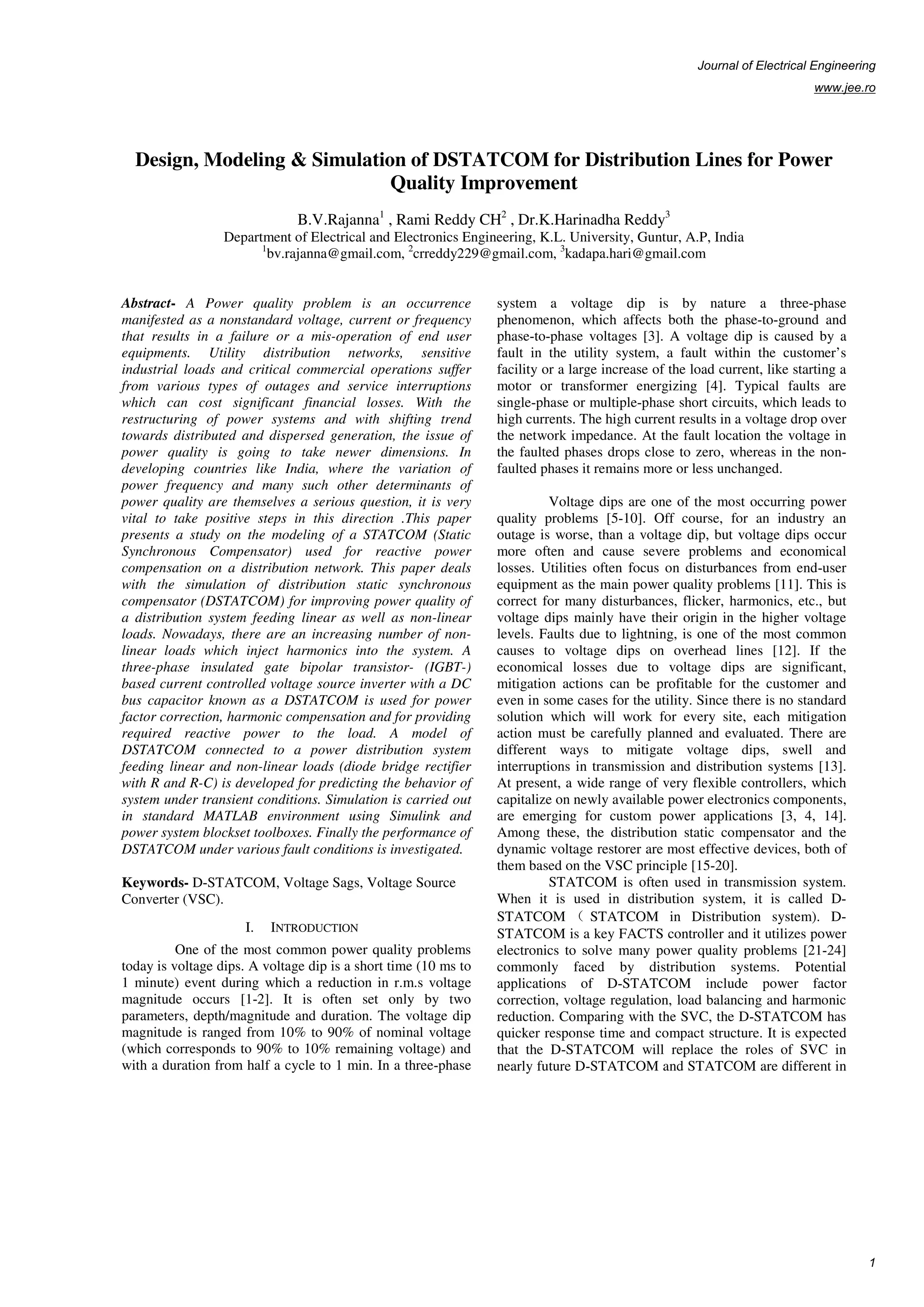 Design modelling and Simulation of DSTATCOM for distribution lines for power quality improvement ...
