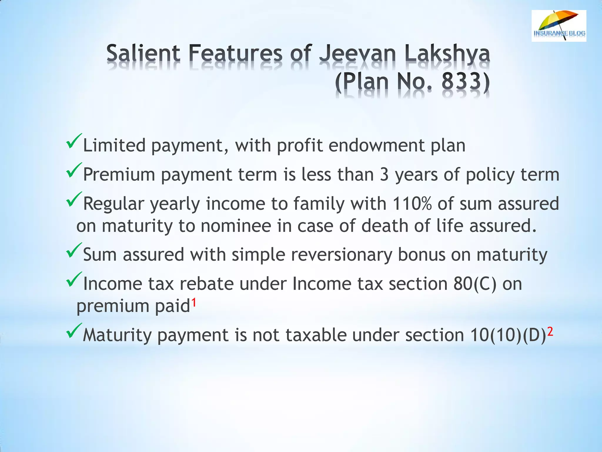LIC of India's Jeevan lakshya, Plan No. 833 | PDF