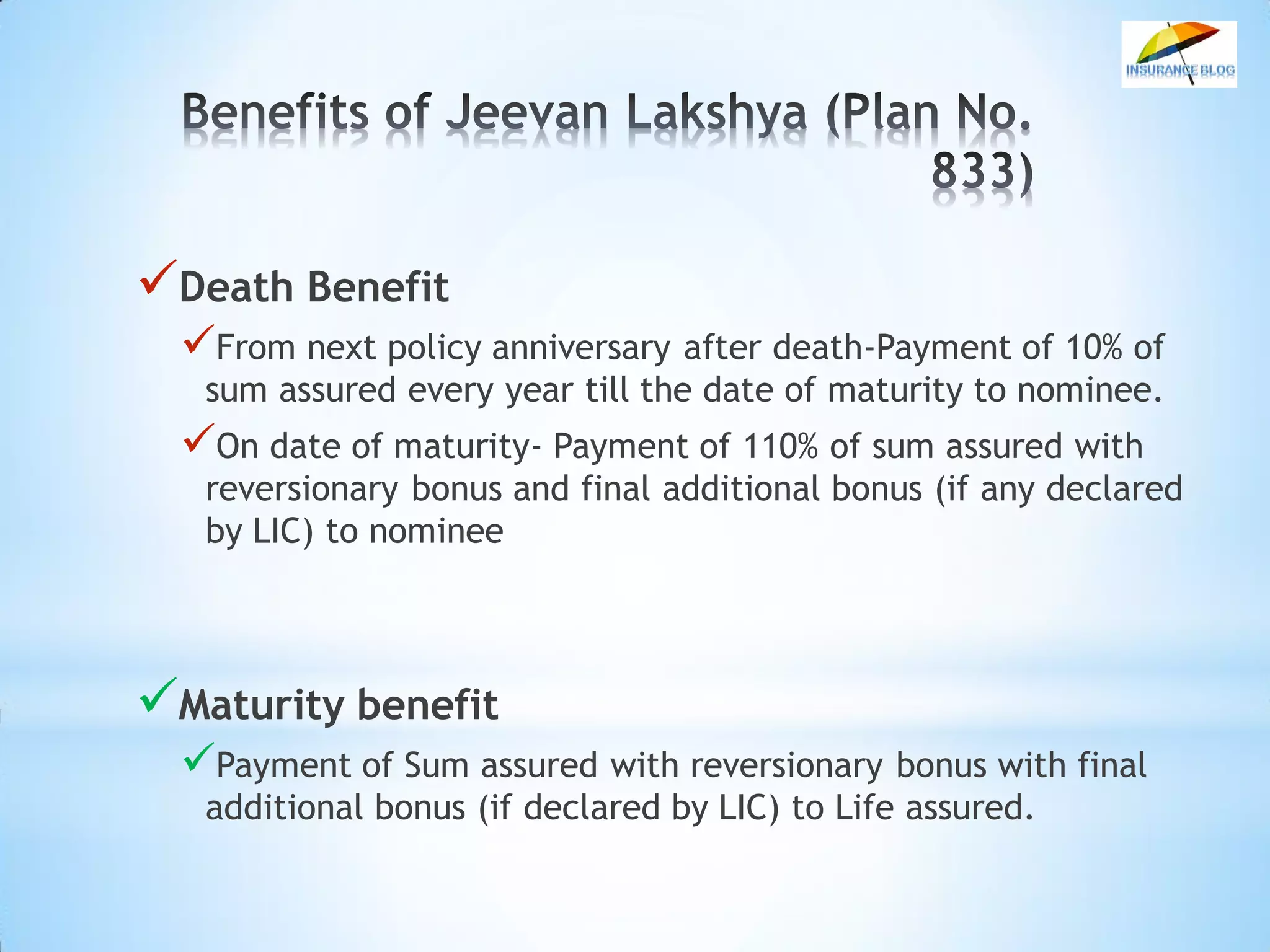 LIC of India's Jeevan lakshya, Plan No. 833 | PDF