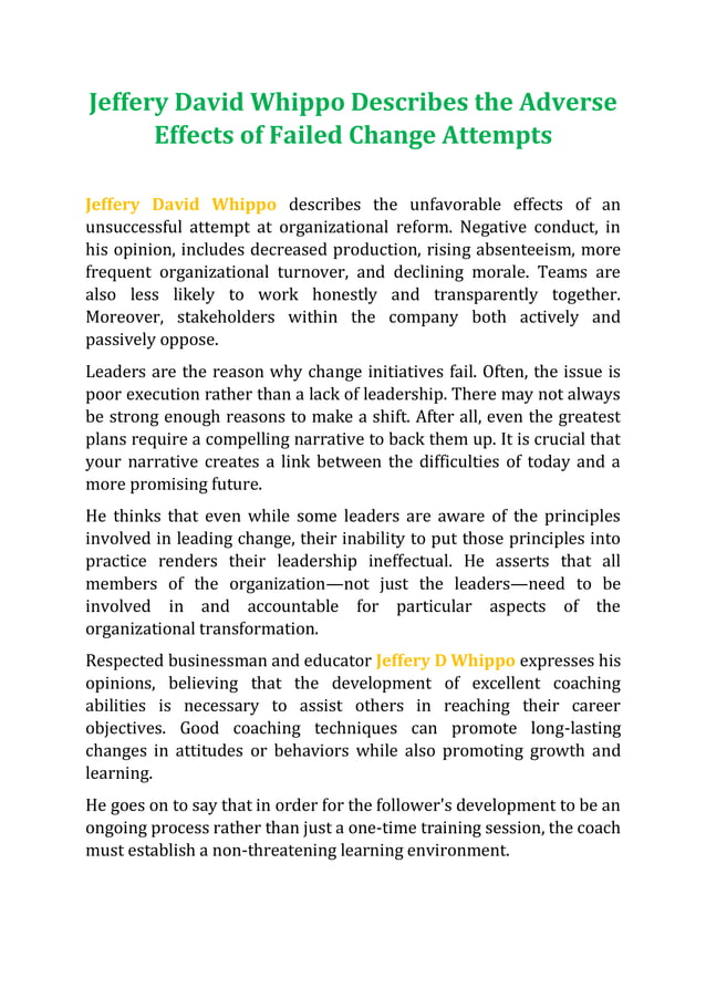 Jeffery David Whippo Describes the Adverse Effects of Failed Change ...