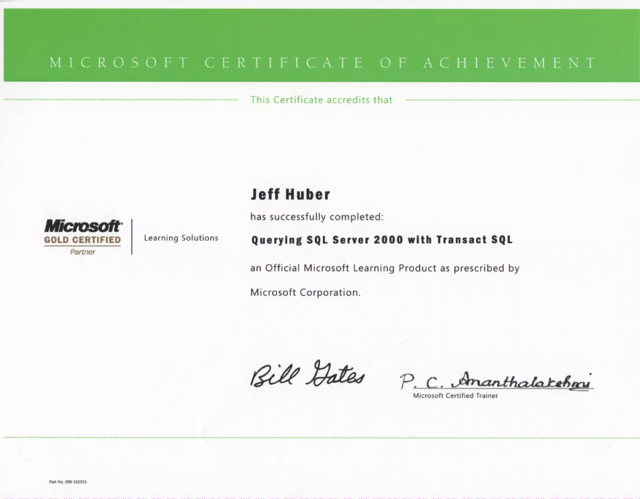 Jeff Huber Sql Certificate | PDF