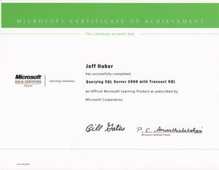 Jeff Huber Sql Certificate | PDF