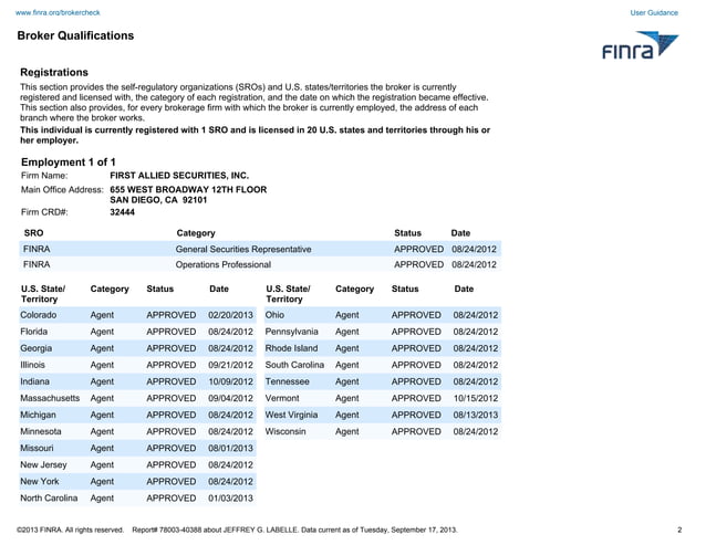 Jeffrey Guy Labelle - FINRA BrokerCheck Report | PPT