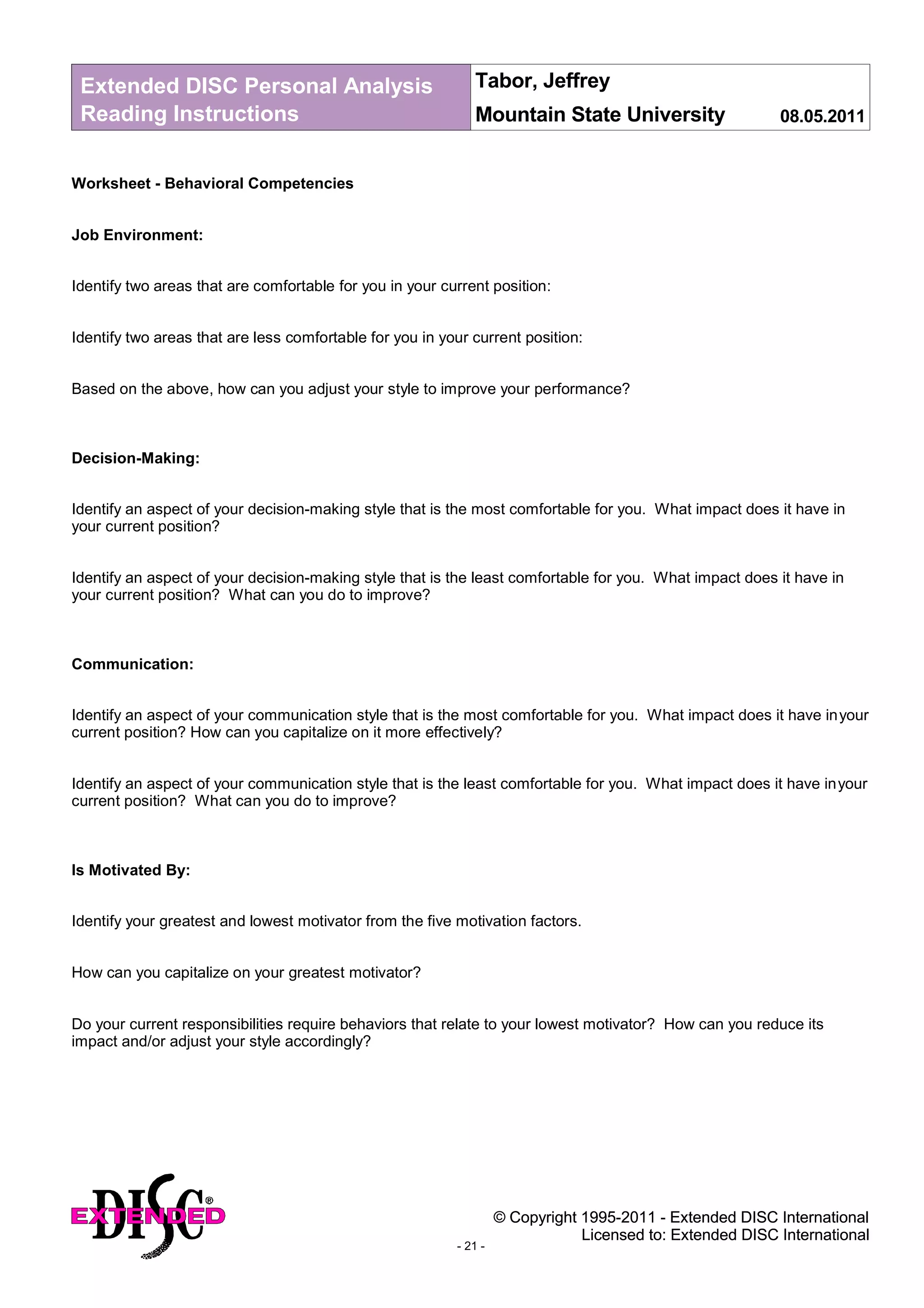 Jeffrey Tabor Disc Assessment | PDF | Resume Writing and Advice | Job ...
