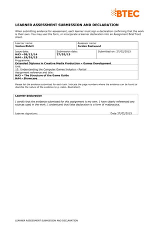 Unit 13 Submission Declaration | DOC | Educational Assessment | Education