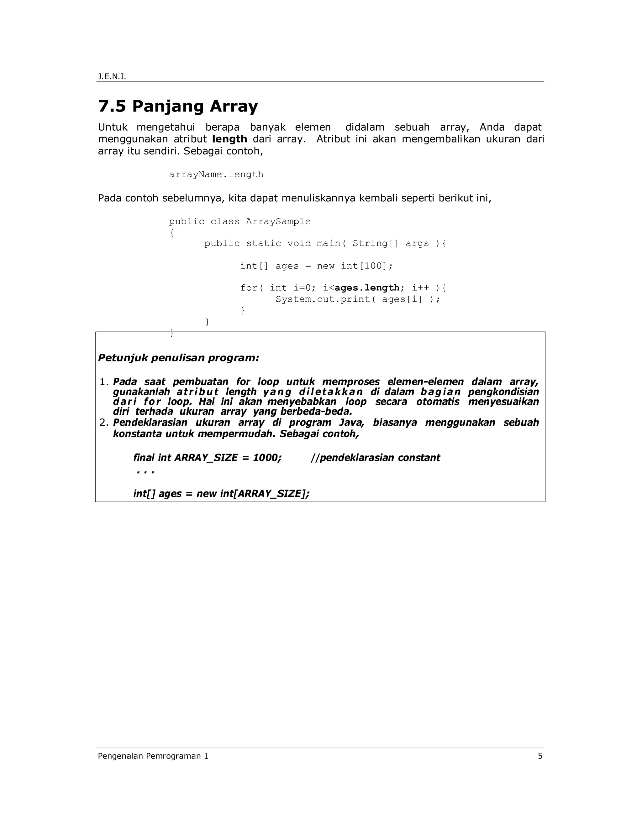 Jeni Intro1 Bab07 Java Array Pdf
