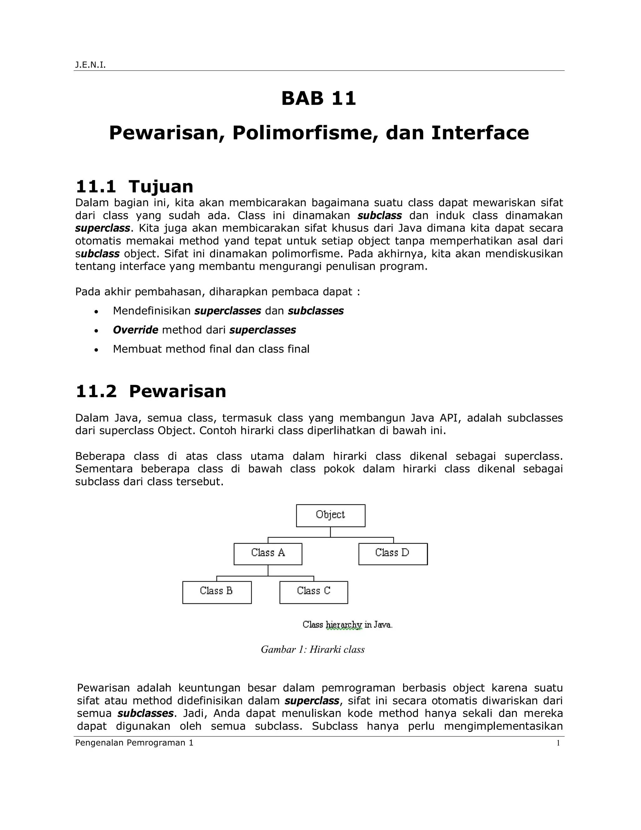 Jeni intro1-bab11-pewarisan, polimorfisme, dan interface | PDF