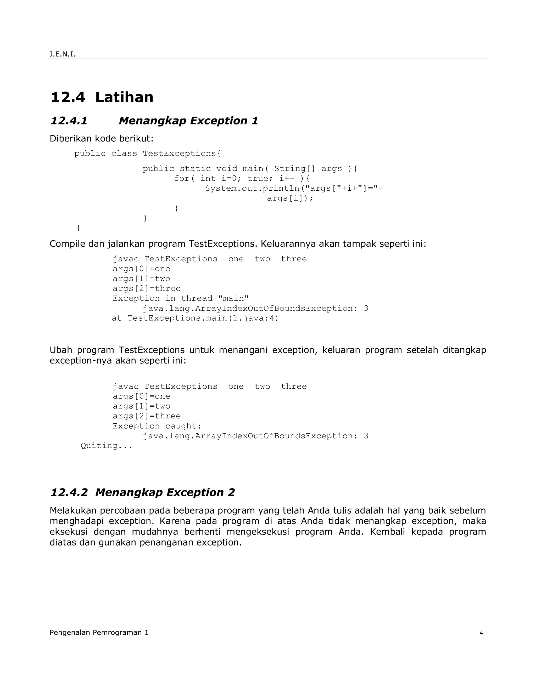 Jeni Intro1 Bab12 Dasar Exception Handling | PDF