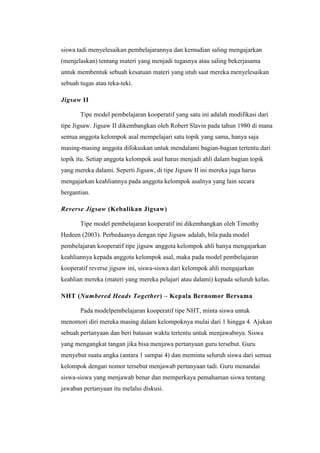 Jenis jenis model pembelajaran kooperatif | DOCX