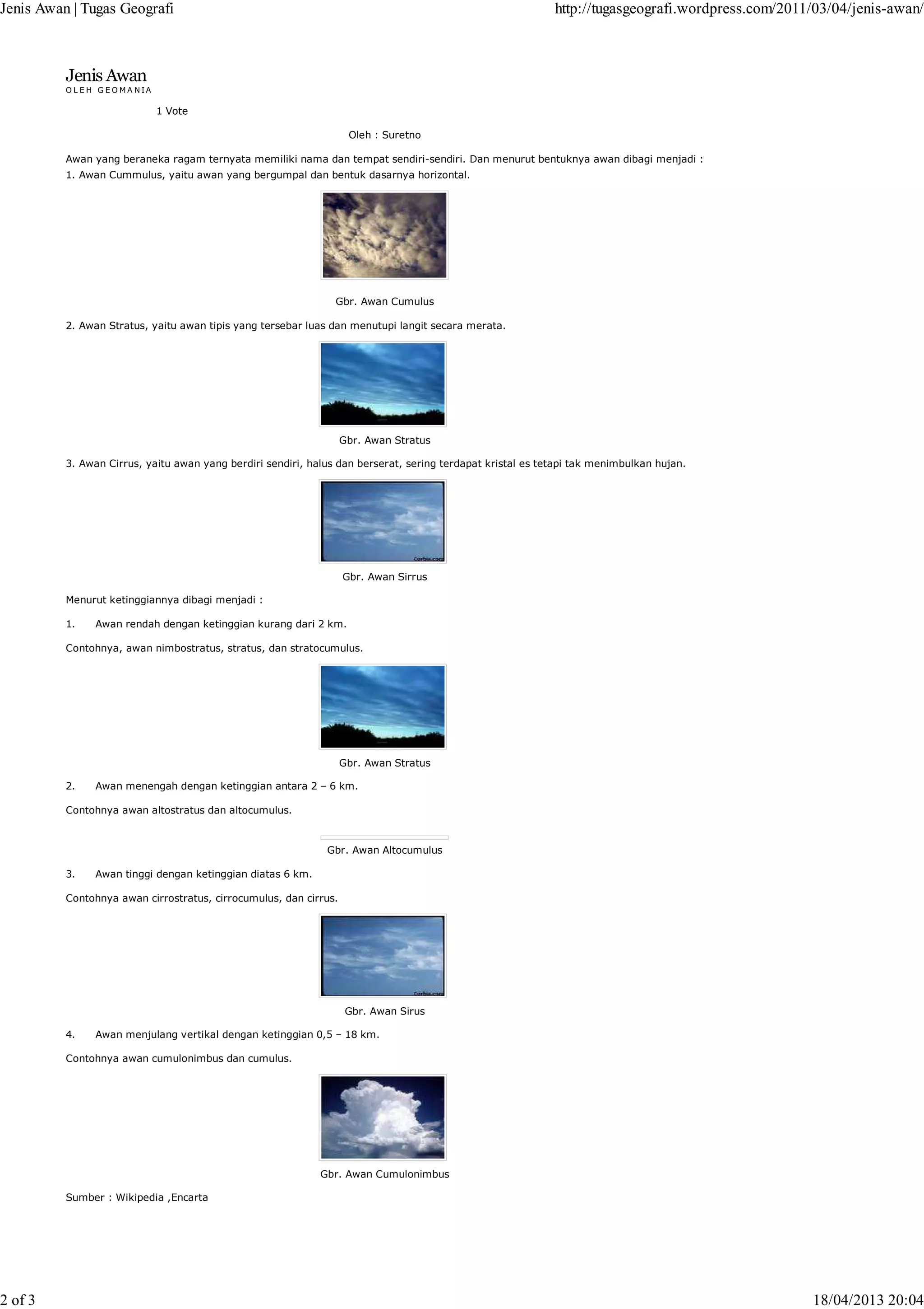 Jenis awan tugas geografi | PDF