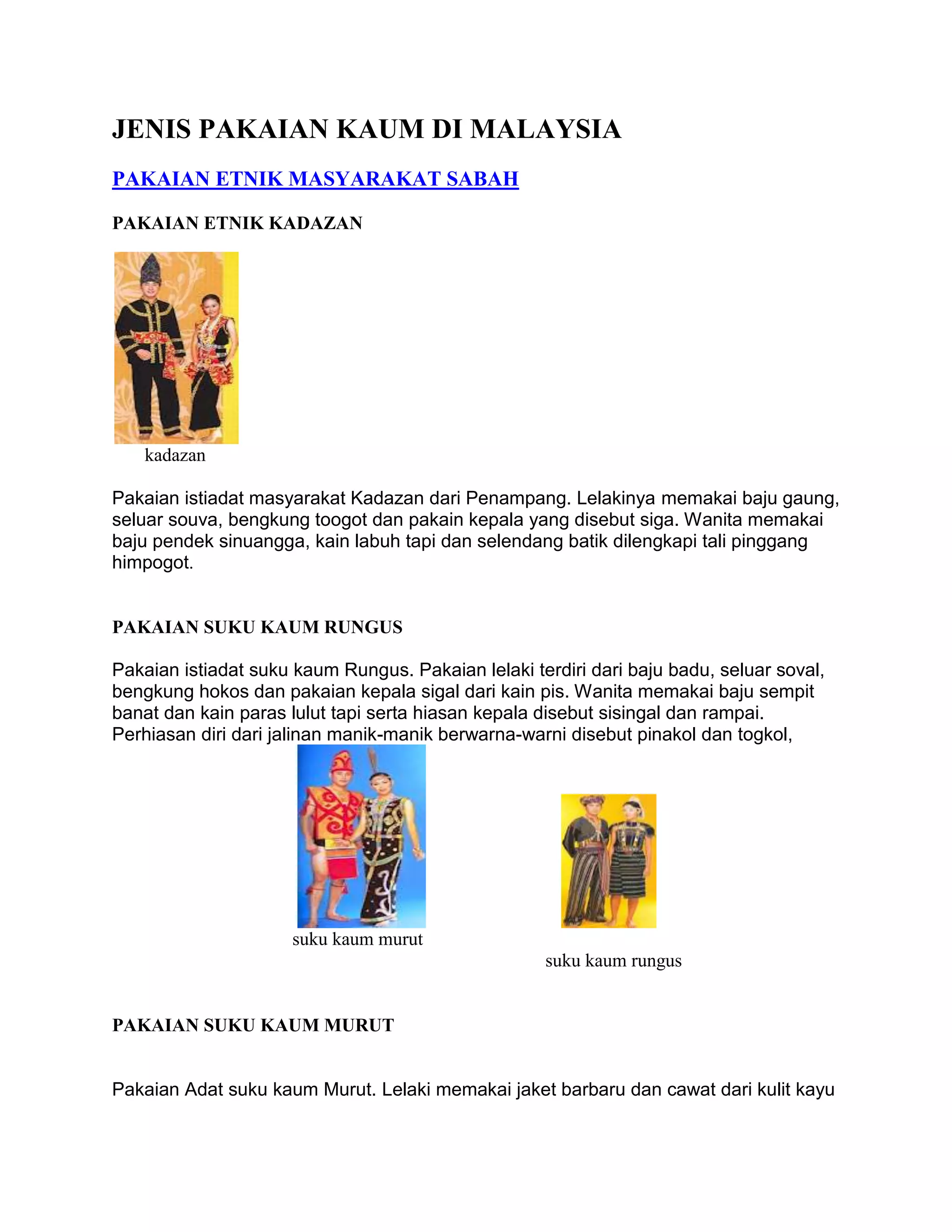 Jenis pakaian kaum di malaysia | DOCX