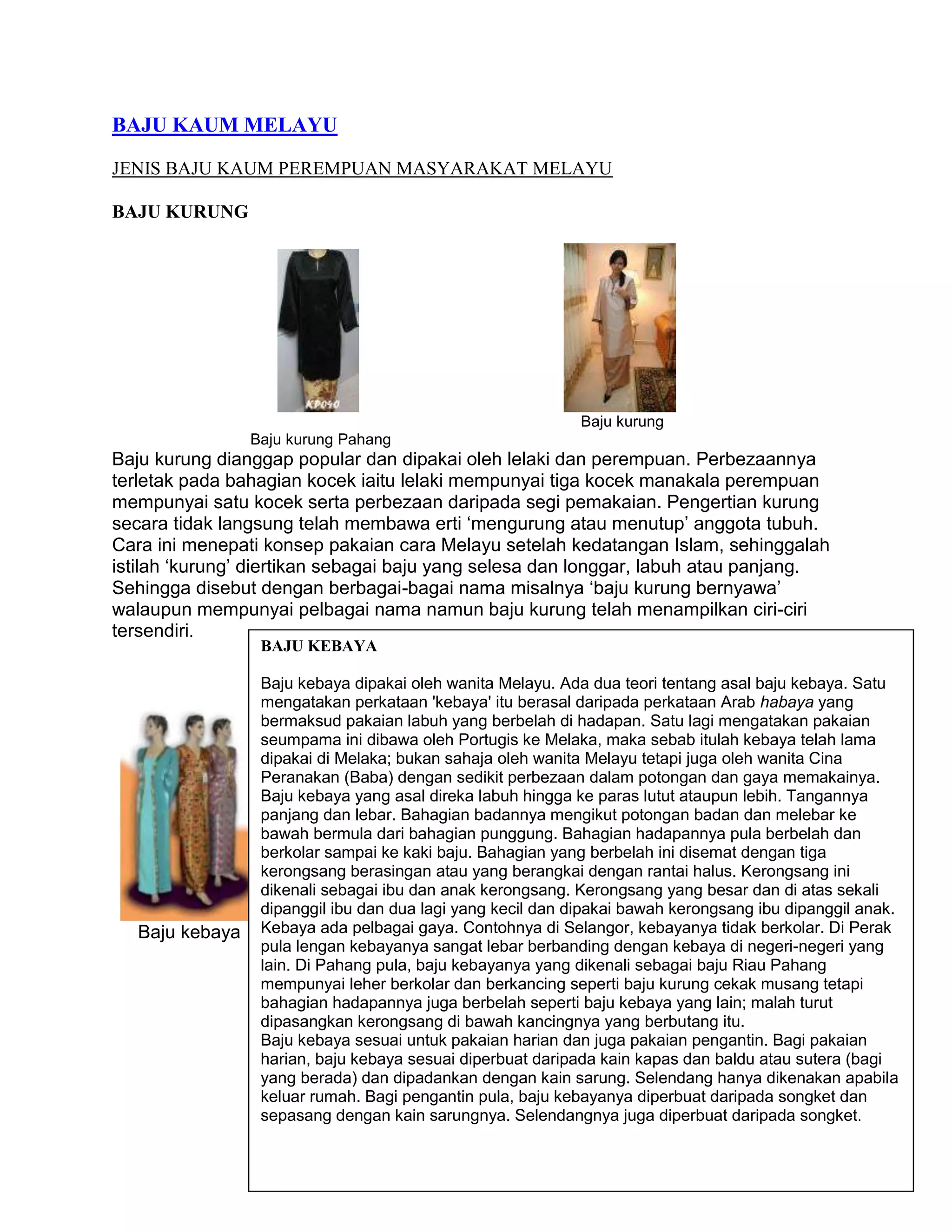 Jenis pakaian kaum di malaysia | DOCX