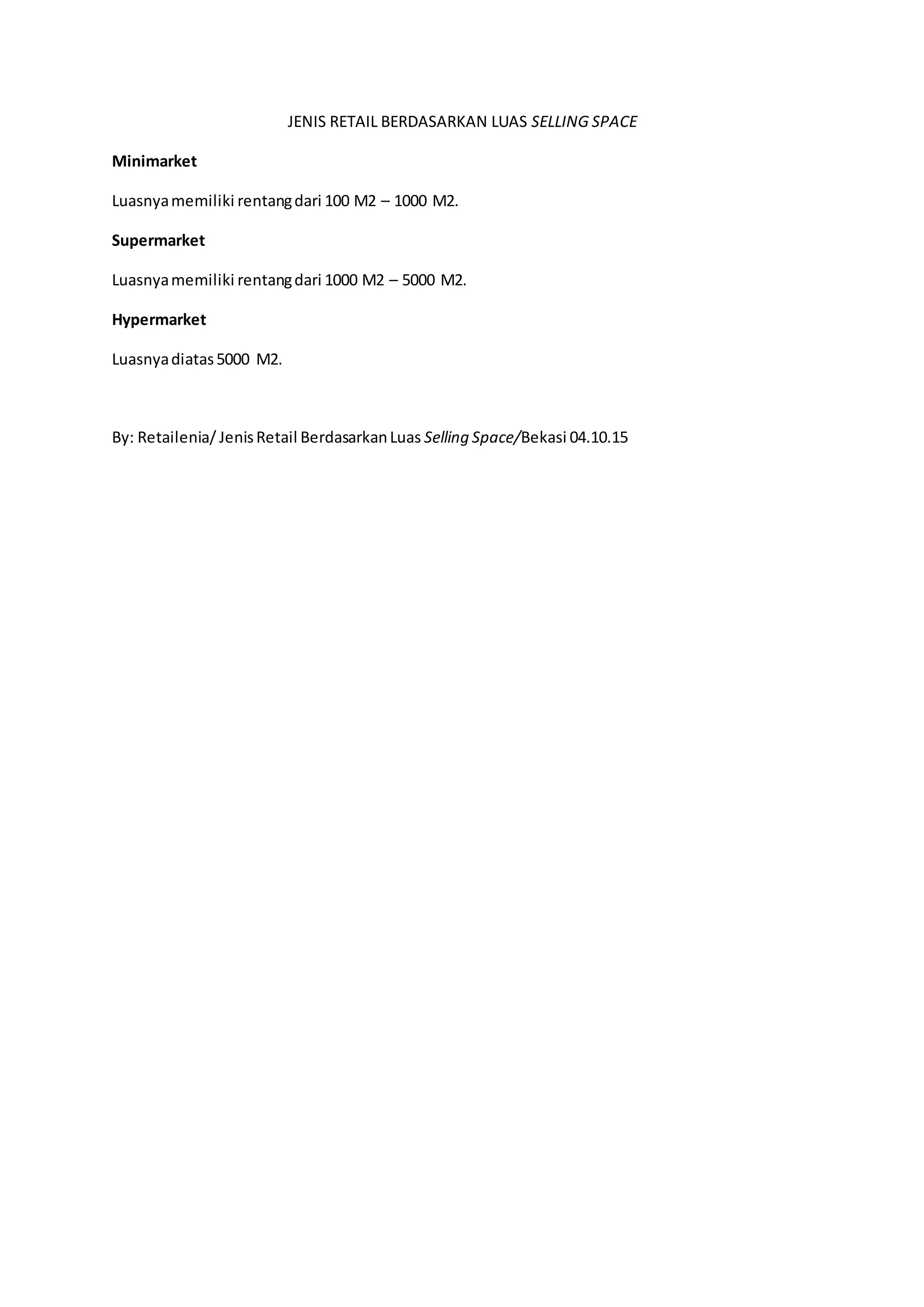 Jenis retail berdasarkan luas selling space | DOCX