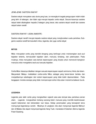Jenis Sastera Rakyat (Mitos dan Lagenda) | DOCX