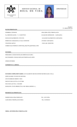 Jennifer Diaz Hoja De Vida | PDF