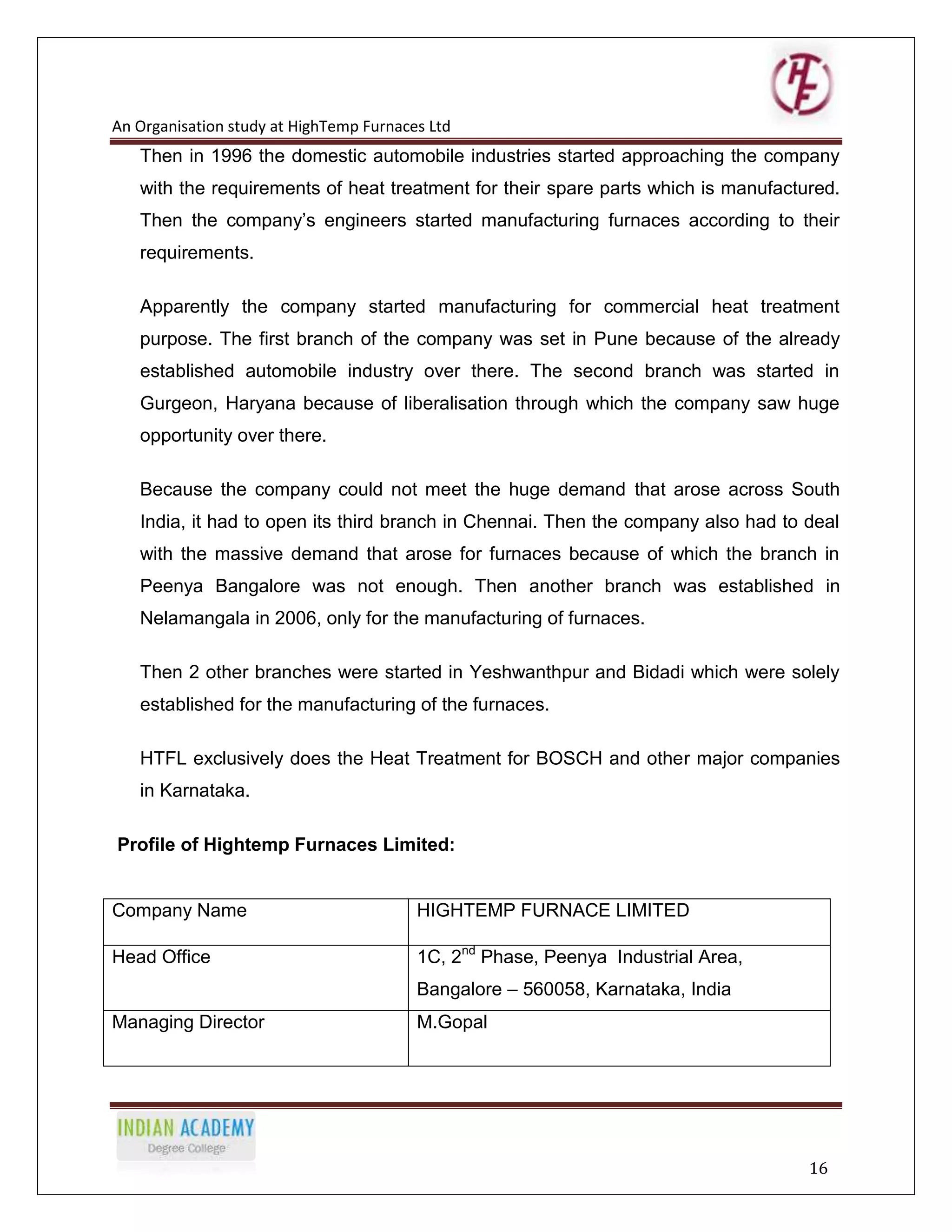 An Organisation study at HIGHTEMP FURNACES LTD, BANGALORE | PDF