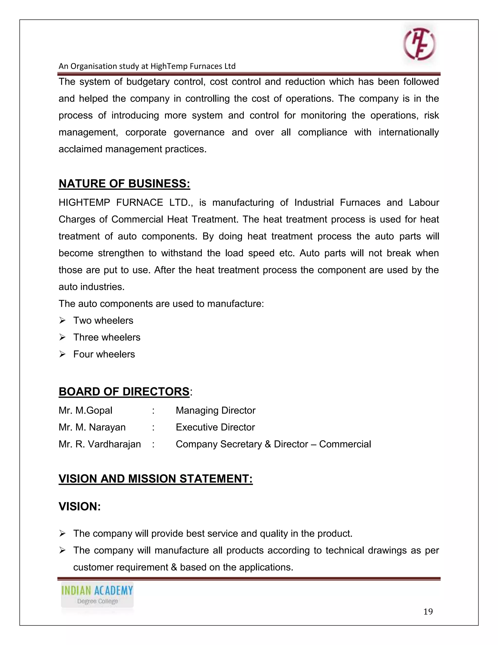 An Organisation study at HIGHTEMP FURNACES LTD, BANGALORE | PDF