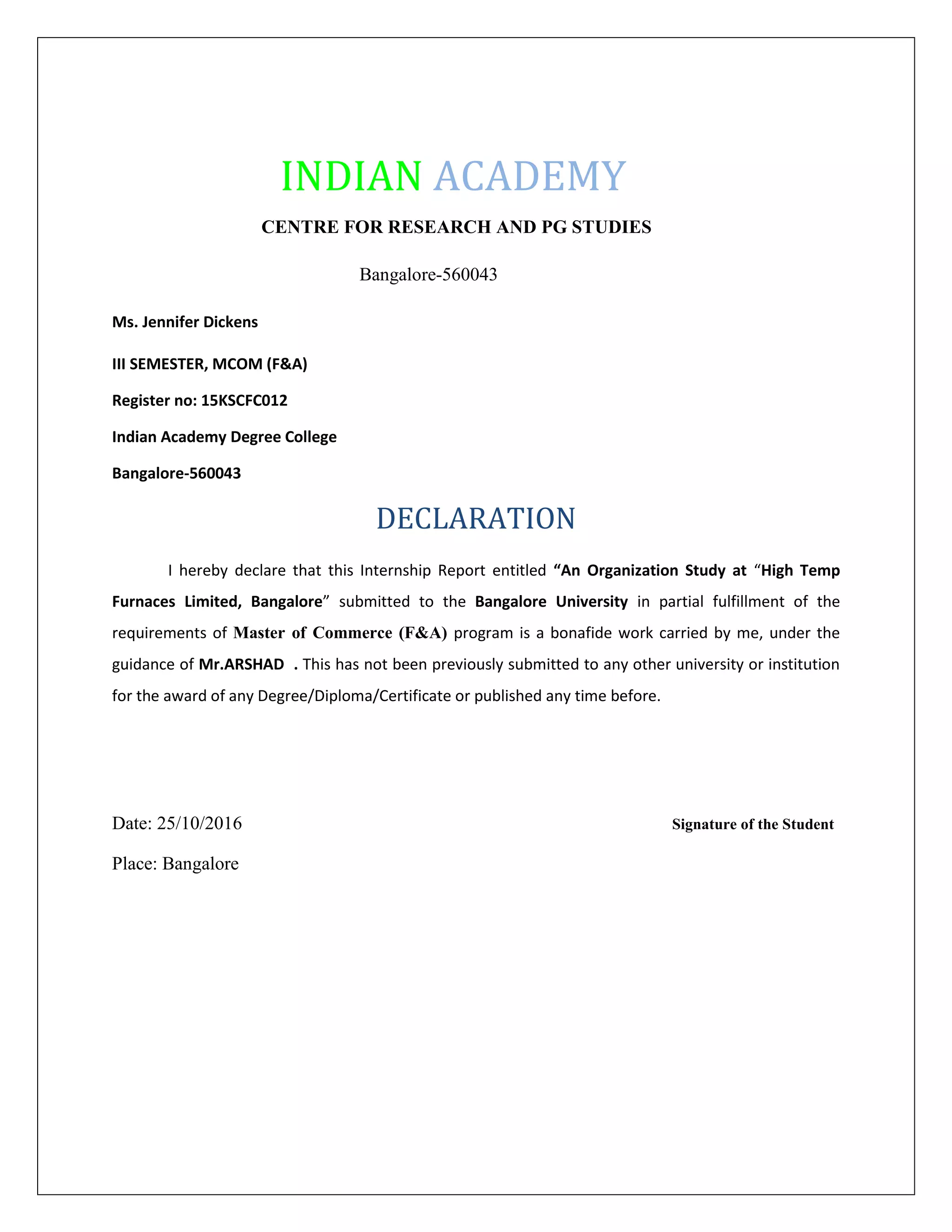 An Organisation study at HIGHTEMP FURNACES LTD, BANGALORE | PDF