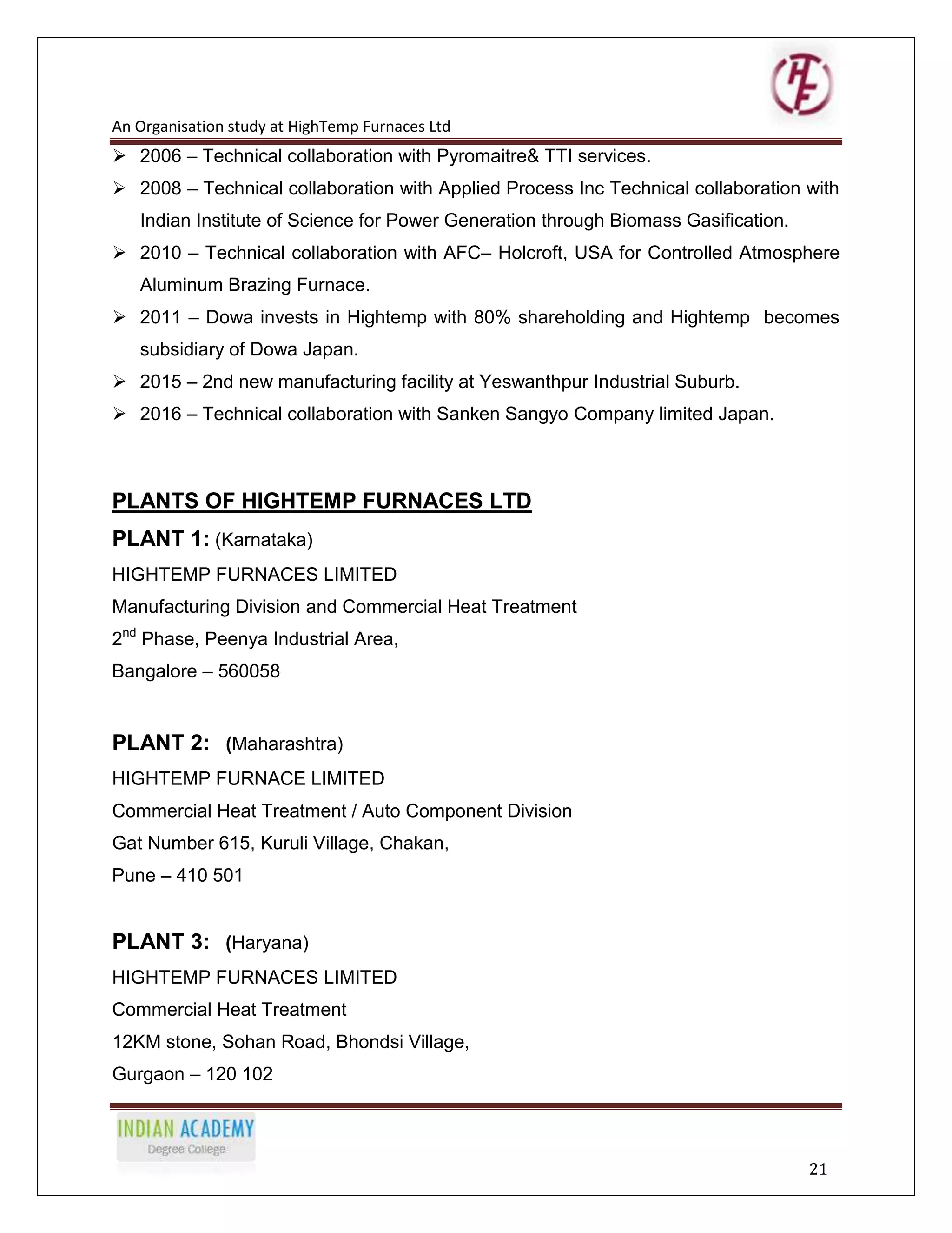 An Organisation study at HIGHTEMP FURNACES LTD, BANGALORE | PDF