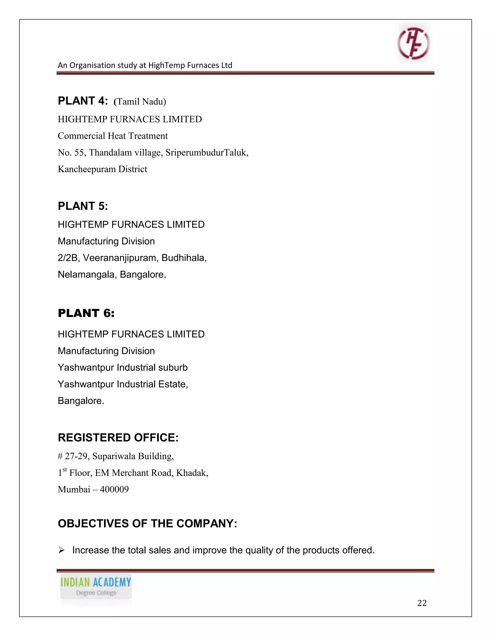 An Organisation study at HIGHTEMP FURNACES LTD, BANGALORE | PDF