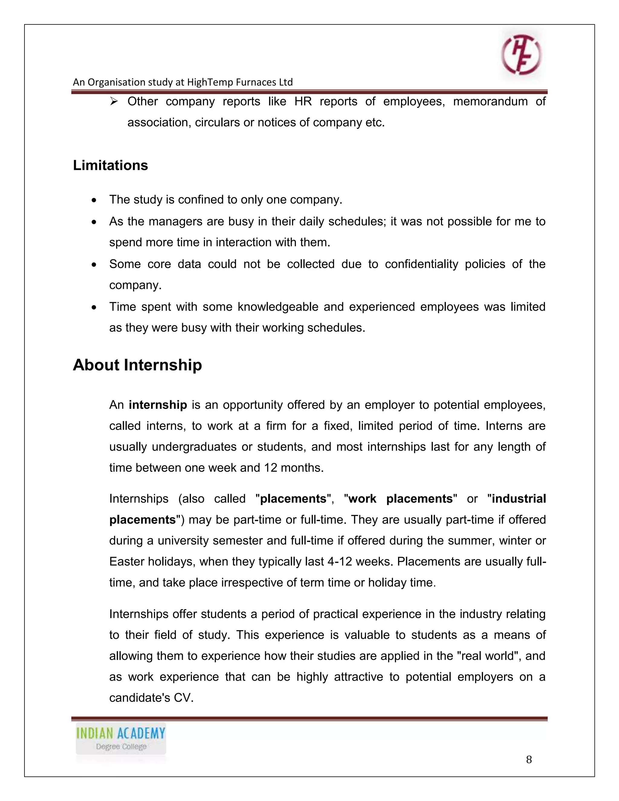 An Organisation study at HIGHTEMP FURNACES LTD, BANGALORE | PDF