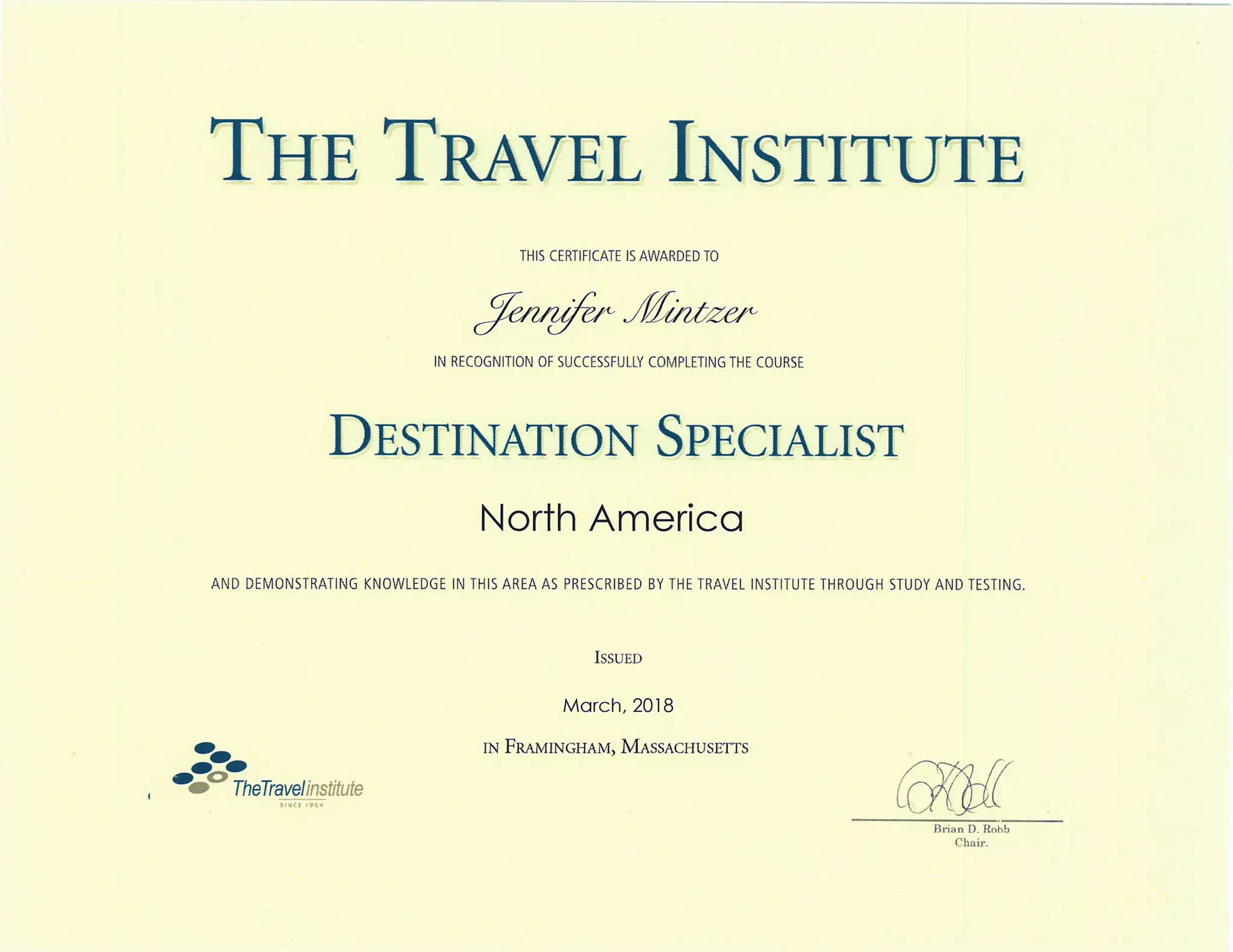 Jennifer Mintzer Travel Institute Destination Specialist North America Certificate | PDF