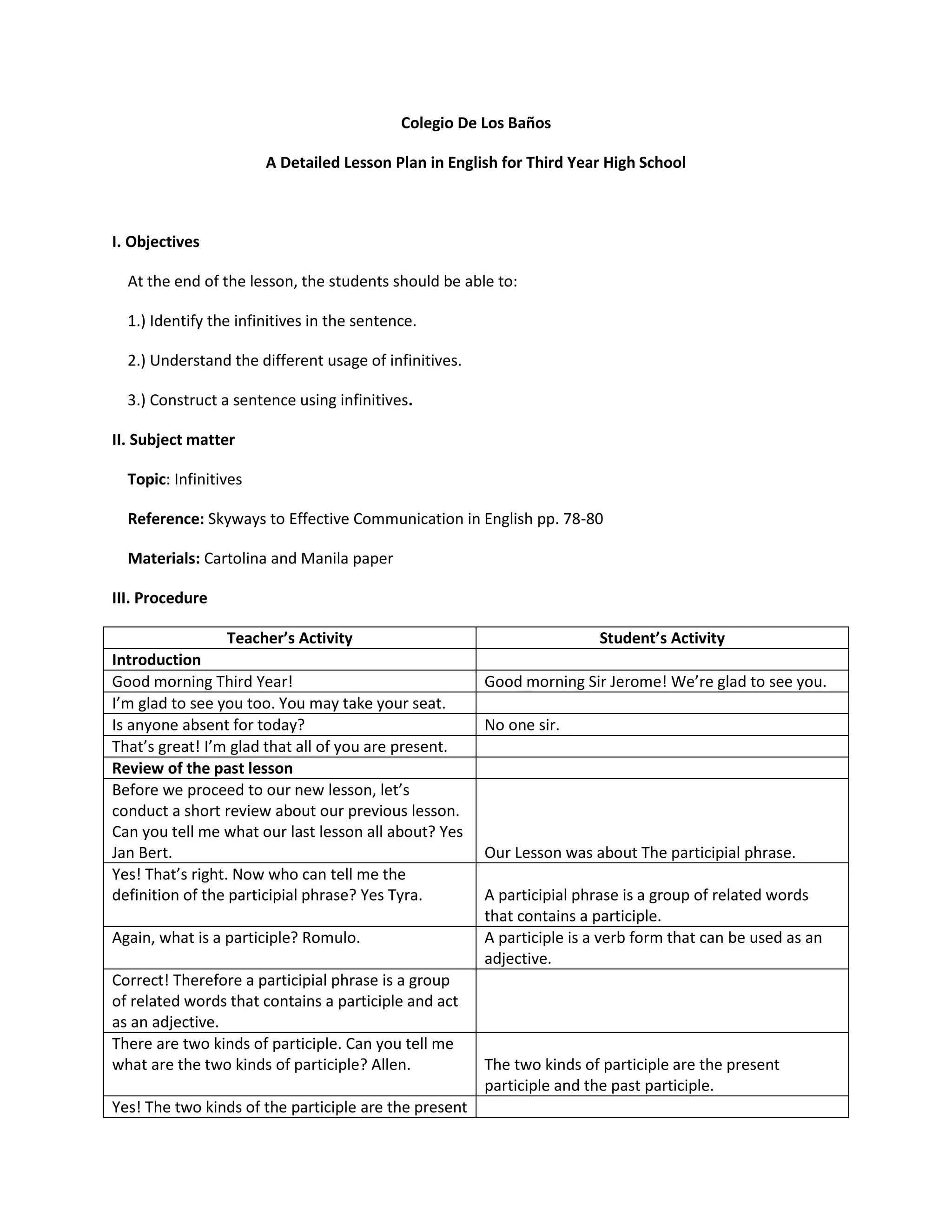 A detailed Lesson Plan (Infinitives) | DOCX