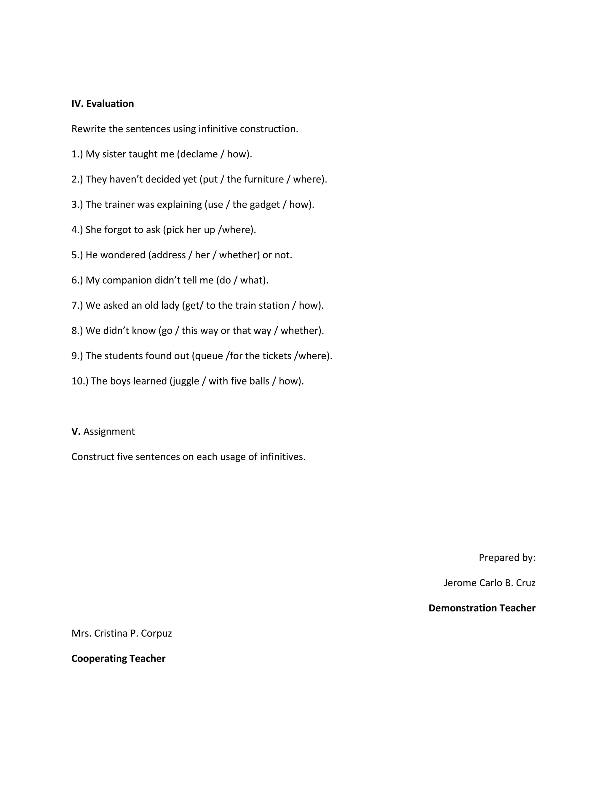 A detailed Lesson Plan (Infinitives) | DOCX