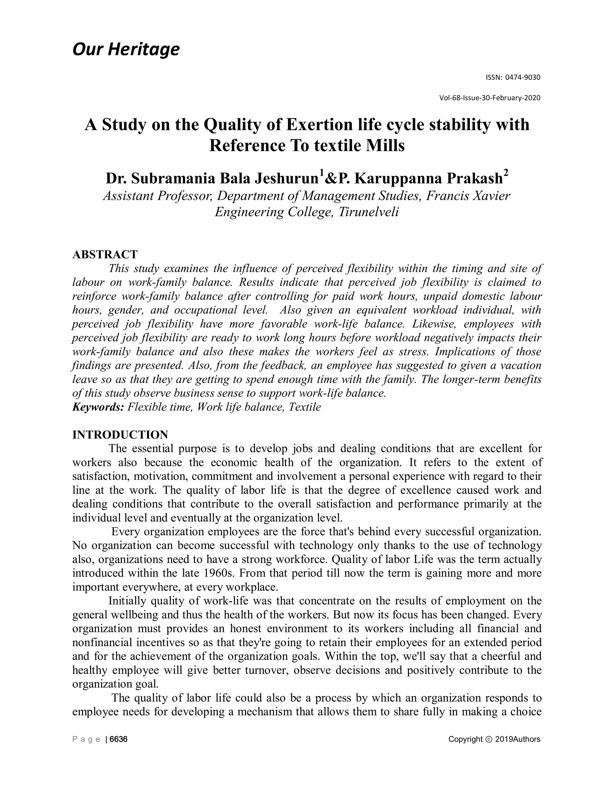 A Study on the Quality of Exertion life cycle stability with Reference ...