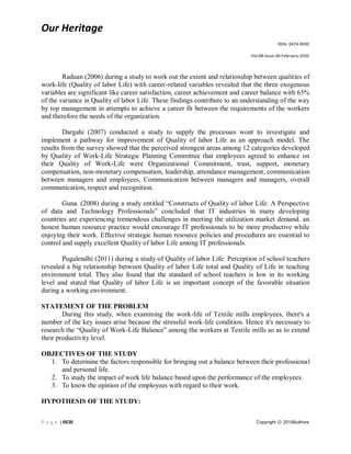 A Study on the Quality of Exertion life cycle stability with Reference ...